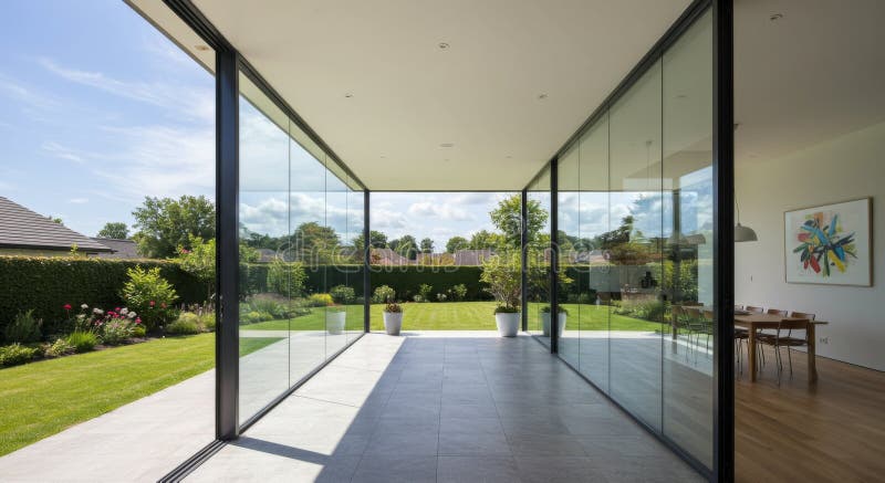 Modern Glass House with Open Patio and Garden View Stock Illustration ...