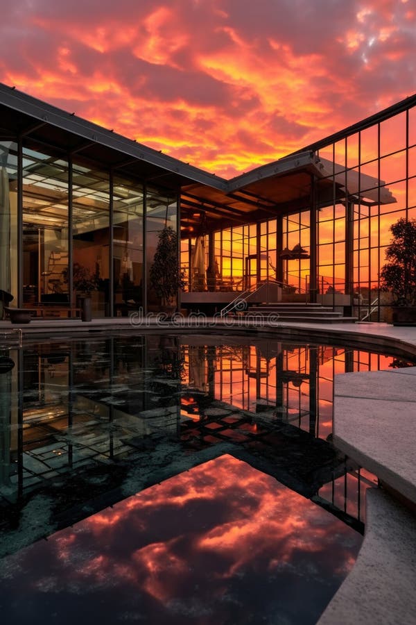 Modern Glass House with Reflecting Pool at Sunset Stock Illustration ...