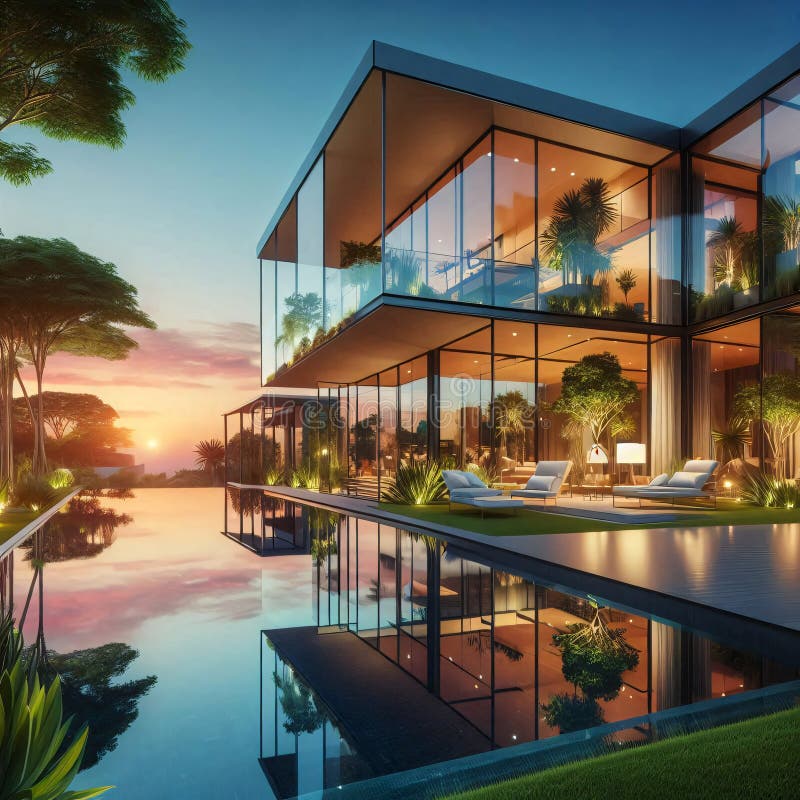 Modern Glass House with Reflection on Water at Sunset Stock ...