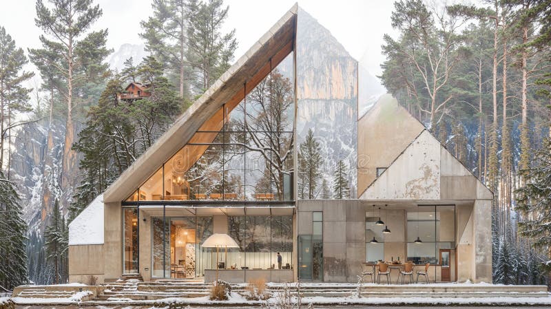 Modern Glass House in Snowy Forest with Geometric Design and Elegant ...