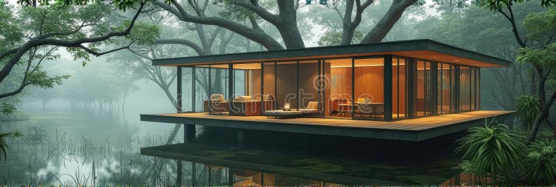 Modern Glass House Tranquil Forest Setting Reflective Pond Stock Photos ...