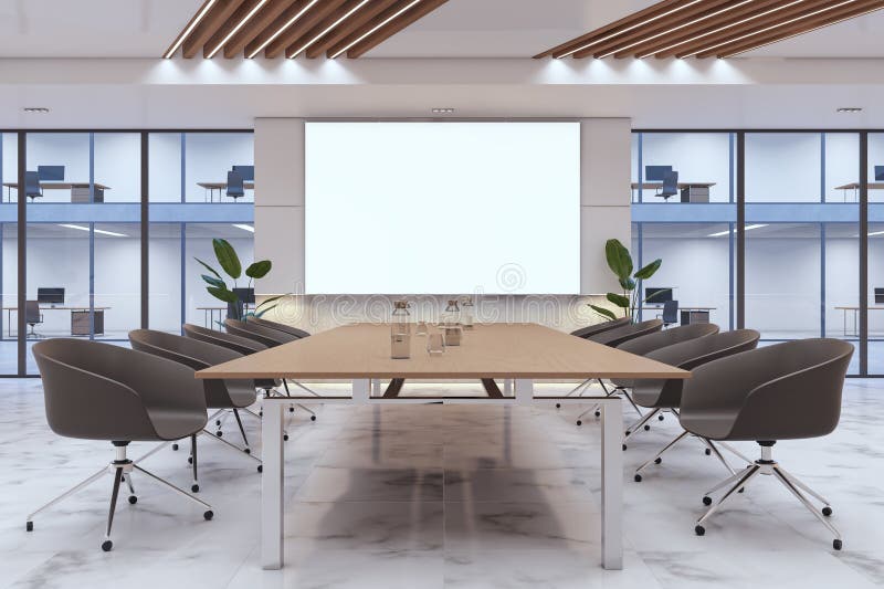 Modern Glass Meeting Room Interior with Creative Ceiling and Empty ...