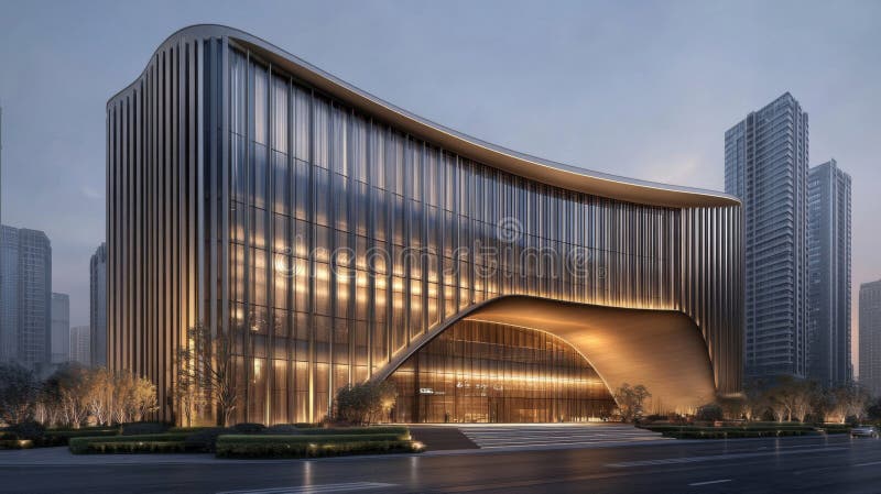 Modern Glass and Metal Building at Dusk in City Stock Illustration ...