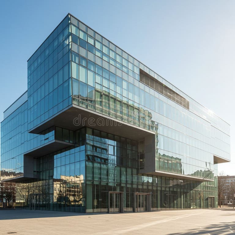 Modern Glass Office Building with Angular Shapes and Overhanging ...