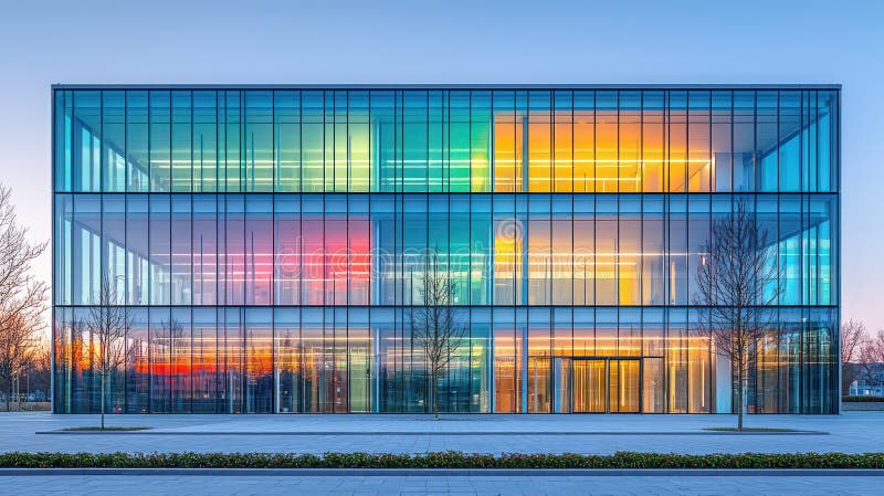 Modern Glass Office Building with Colorful Interior at Dusk Stock ...