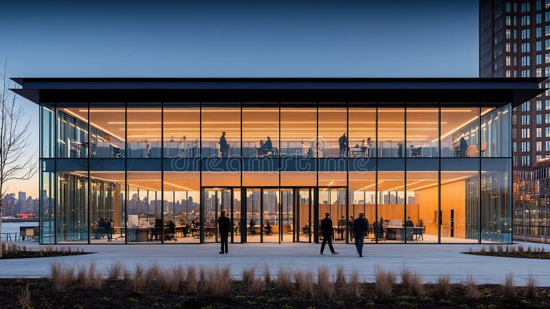 Modern Glass Office Building at Dawn, People Inside Stock Illustration ...