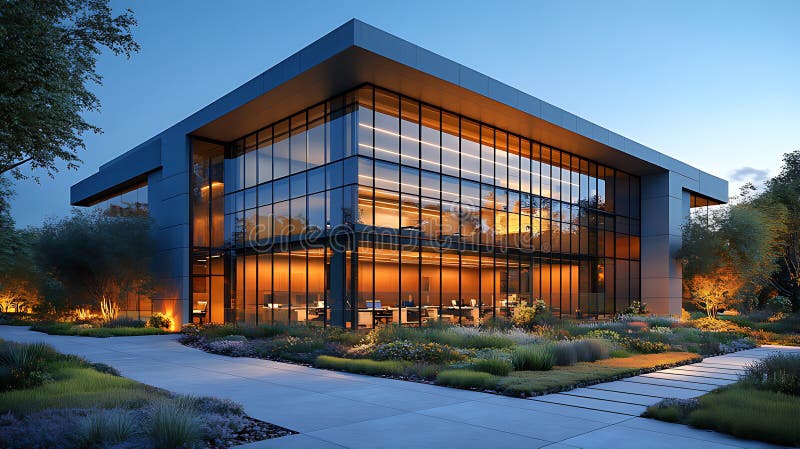 Modern Glass Office Building Dusk Landscape Architecture Stock ...