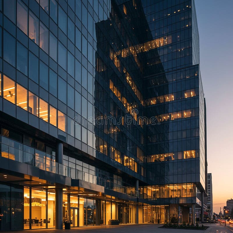 Modern Glass Office Building at Dusk, Reflecting the Evening Sky. the ...