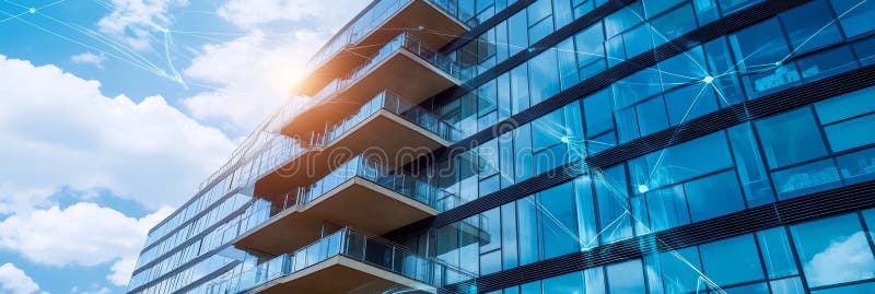 Modern Glass Office Building Facade, Geometric Network Pattern, Data ...