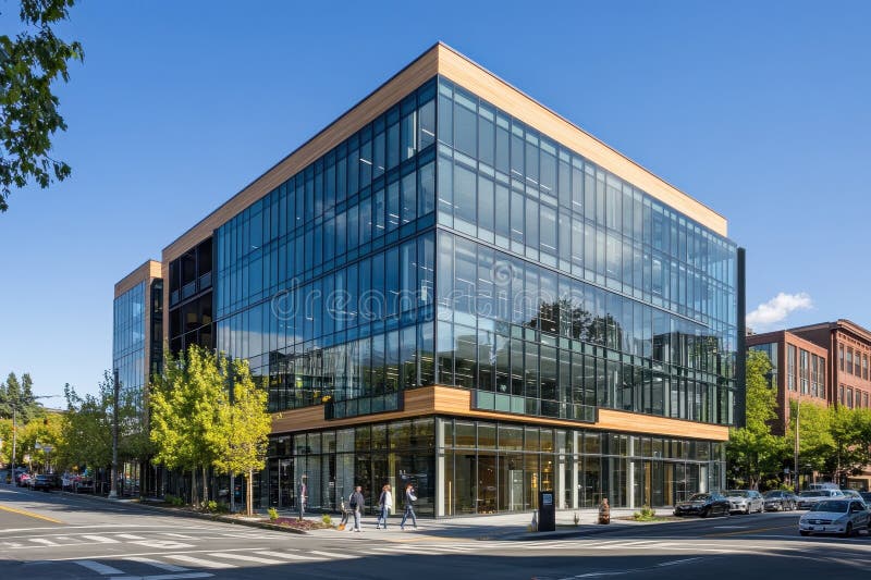 Modern Glass Office Building with Greenery and Pedestrians Stock ...