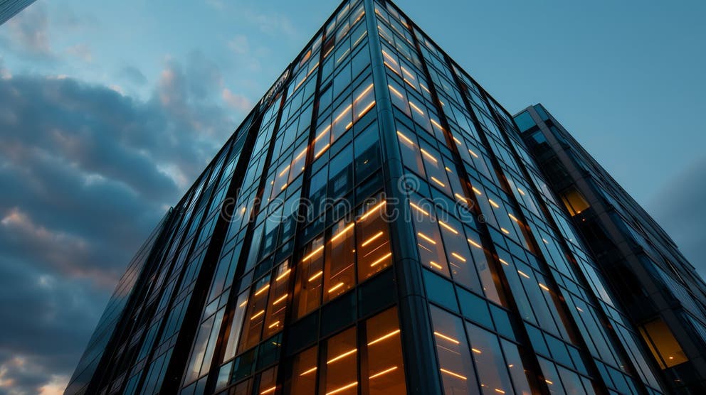 A Modern Glass Office Building with Illuminated Windows at Dusk Stock ...