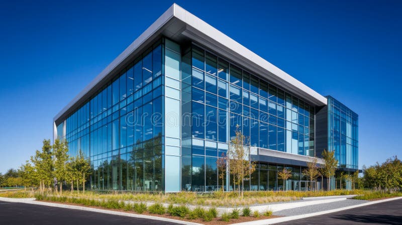Modern Glass Office Building with Landscaping and Blue Sky Stock ...
