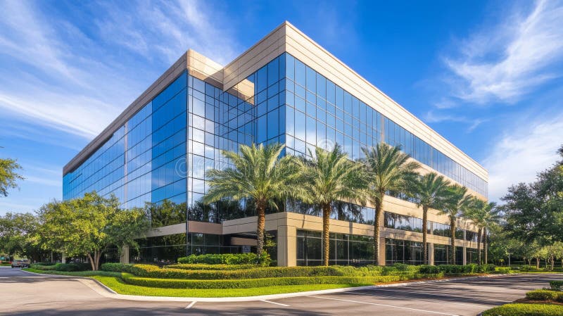 Modern Glass Office Building with Palm Trees Stock Illustration ...