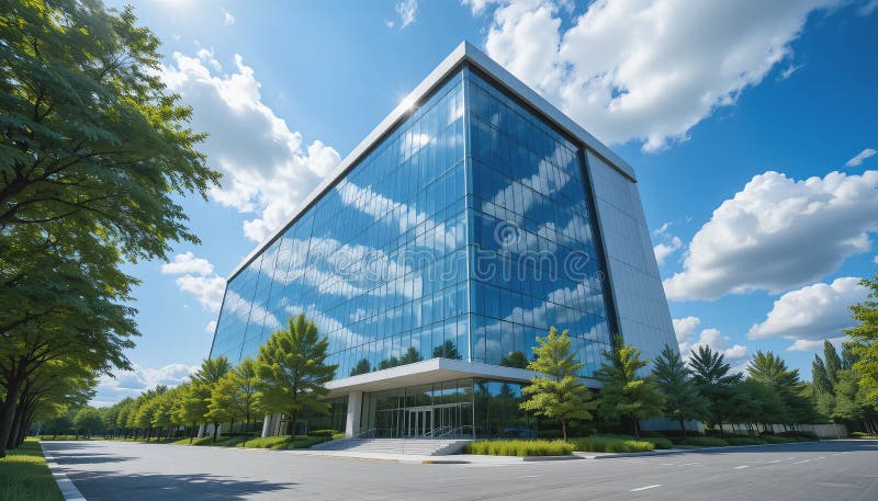 Modern Glass Office Building Reflecting Blue Sky and Clouds on a Clear ...