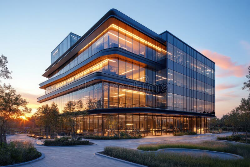 Modern Glass Office Building Sunset Glow Stock Illustration ...