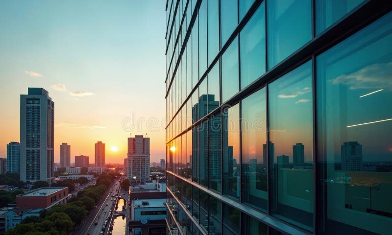Modern Glass Office Building Sunset Reflection City Skyline Stock ...