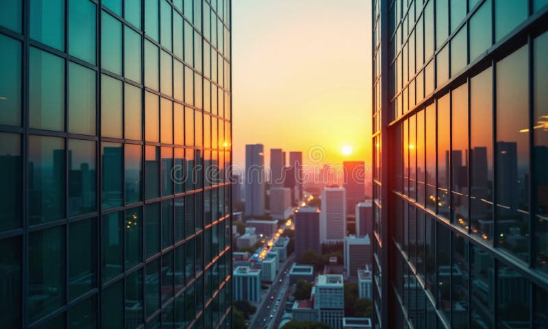 Modern Glass Office Building Sunset Reflection City Skyline Stock ...