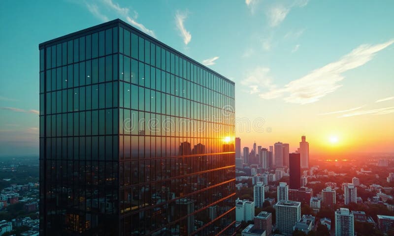 Modern Glass Office Building Sunset Reflection City Skyline Stock ...
