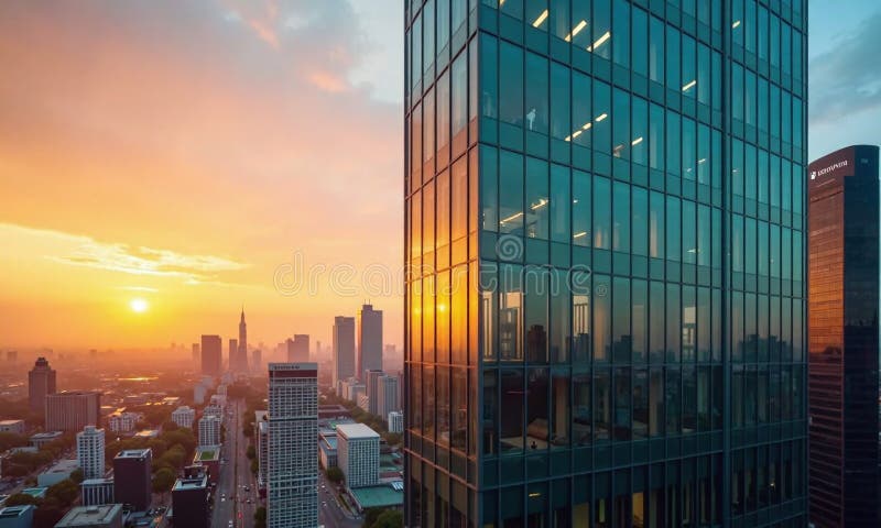Modern Glass Office Building Sunset Reflection City Skyline Stock ...