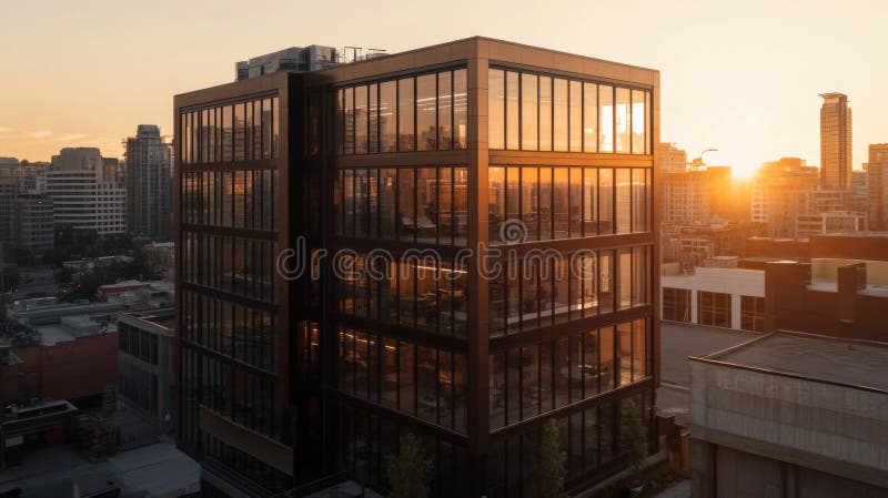 Modern Glass Office Building at Sunset in Urban Skyline Stock ...