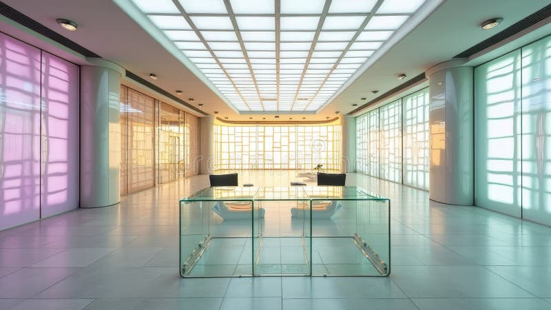 Modern Glass Office Interior with Colorful Lighting and Minimalist ...