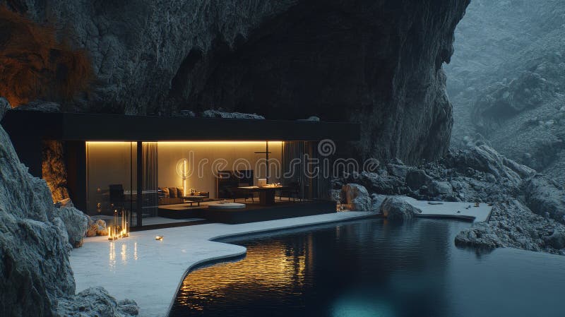 A Modern Glass Office Situated Inside a Cave Exhibits Luxury ...