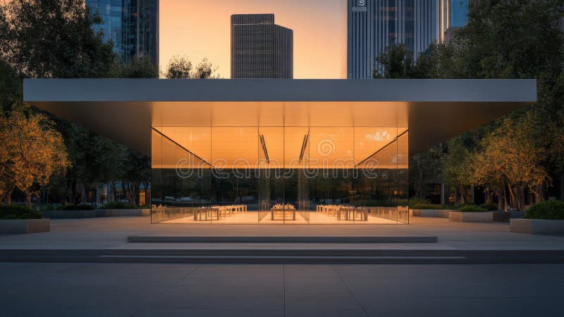 Modern Glass Pavilion at Dusk in Urban Setting Stock Illustration ...