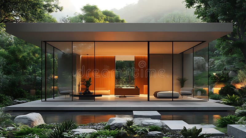 Modern Glass Pavilion, Forest Setting, Evening Light, Zen Garden ...