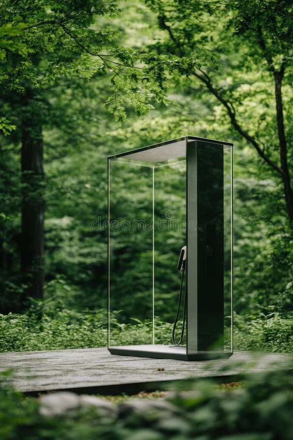 Modern Glass Phone Booth in Serene Forest Setting - Sustainable ...