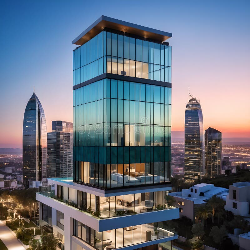 Modern Glass Skyscraper Building with City Skyline at Dusk. Stock ...