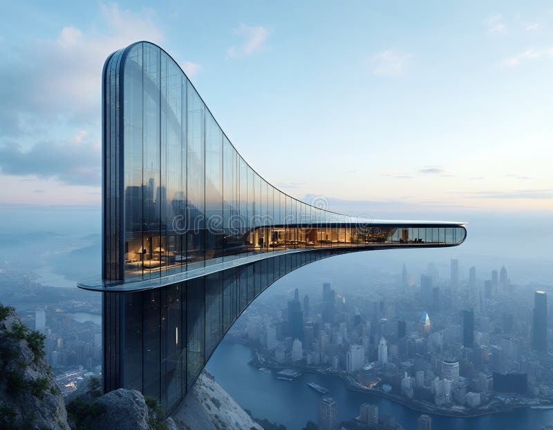Modern Glass Skyscraper on Cliff Overlooking Cityscape with River View ...