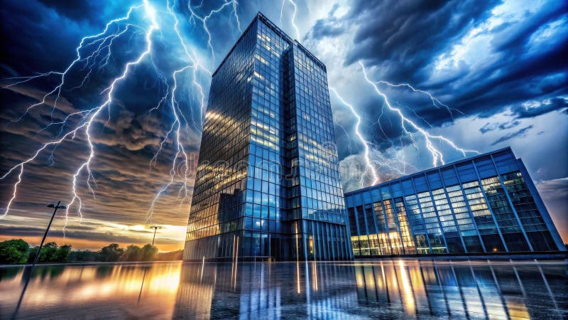Modern Glass Skyscraper during a Dramatic Lightning Storm. Generative ...