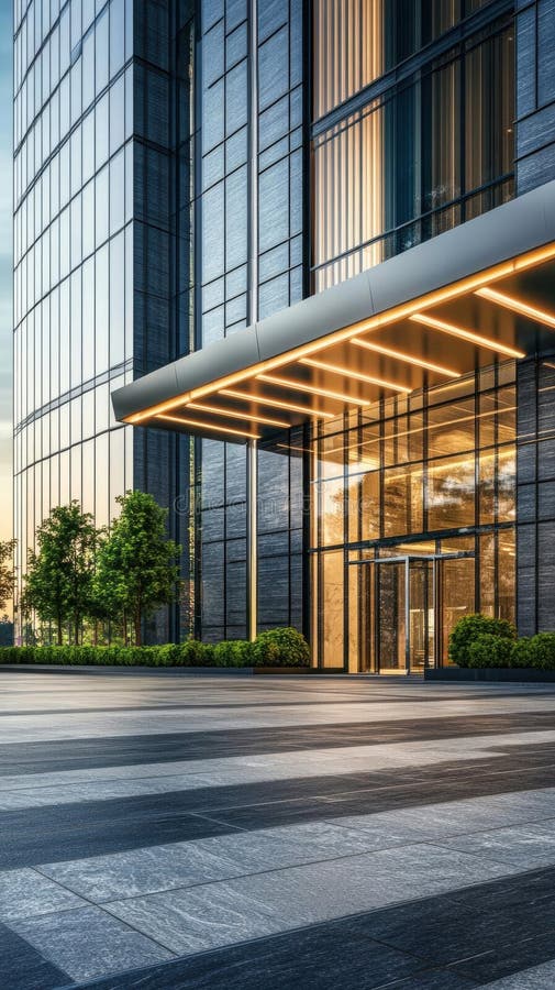 Modern Glass Skyscraper Entrance with Illuminated Canopy Stock ...