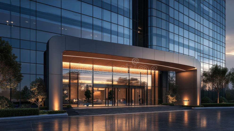 Modern Glass Skyscraper Entrance at Night Stock Illustration ...