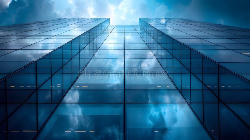 Modern Glass Skyscraper Faced with Reflections of Blue Sky and Orange ...