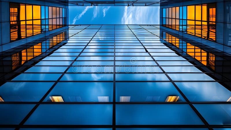 Modern Glass Skyscraper Faced with Reflections of Blue Sky and Orange ...