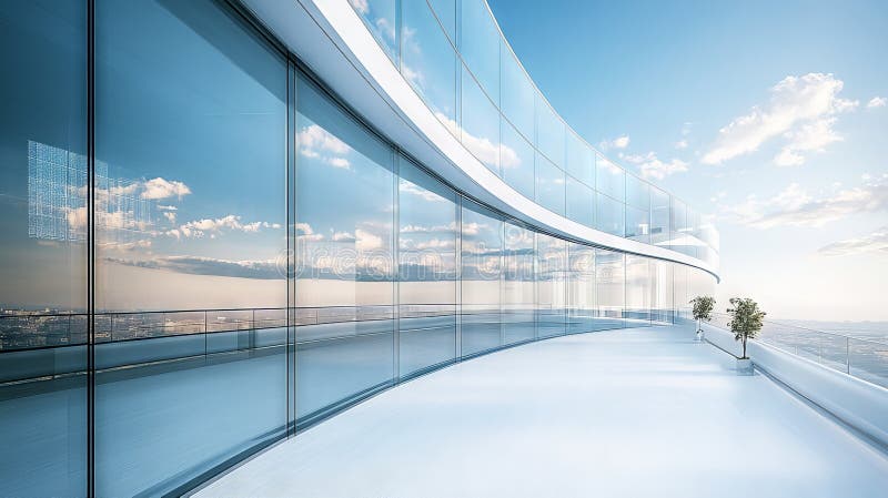 Modern Glass Skyscraper Reflecting Cloudy Sky on Terrace Balcony with ...