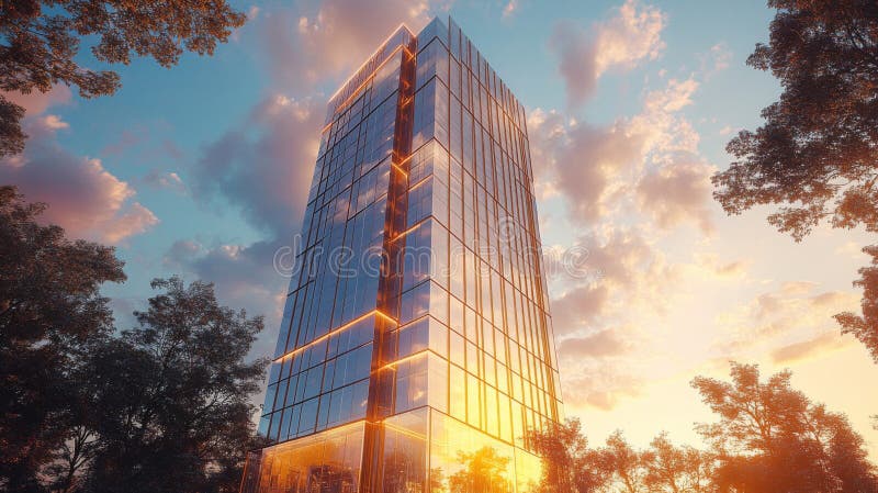 Modern Glass Skyscraper at Sunset Stock Illustration - Illustration of ...