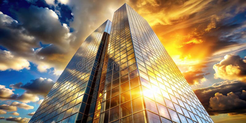 Modern Glass Skyscraper at Sunset with Dramatic Clouds. Generative AI ...