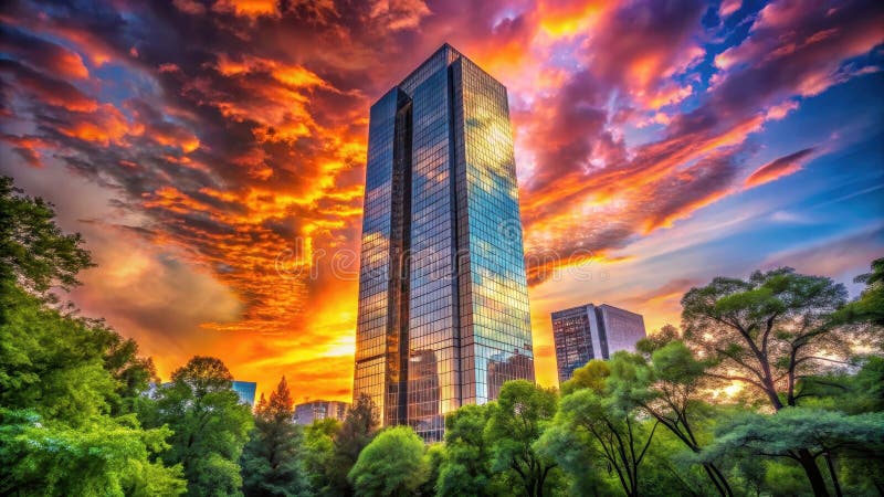 Modern Glass Skyscraper at Sunset with Lush Greenery. Generative AI ...