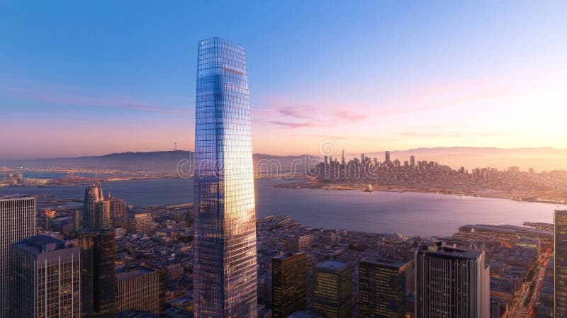 Modern Glass Skyscraper at Sunset Over City Bay Stock Illustration ...