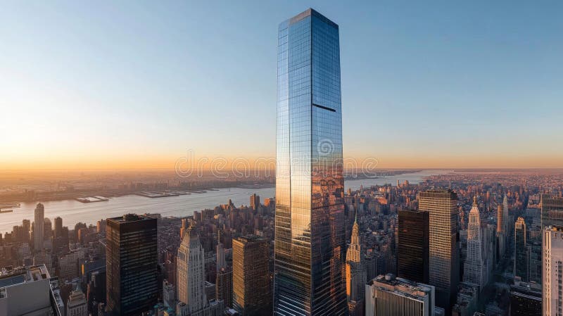 Modern Glass Skyscraper at Sunset Over City Skyline Stock Illustration ...