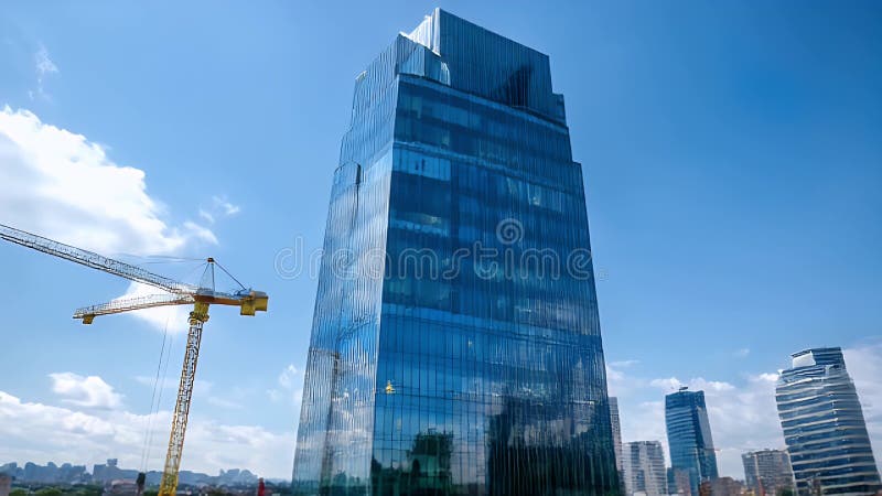 Modern Glass Skyscraper Under Clear Sky with Construction Crane in City ...