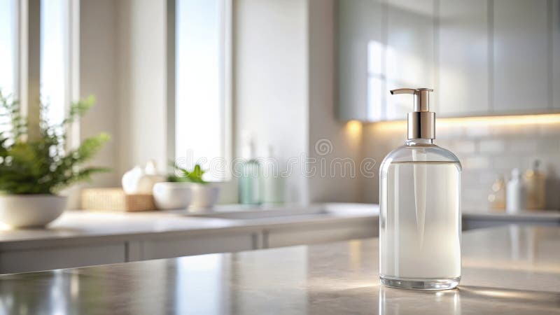 Modern Glass Soap Dispenser on Kitchen Countertop in Bright Sunlight ...