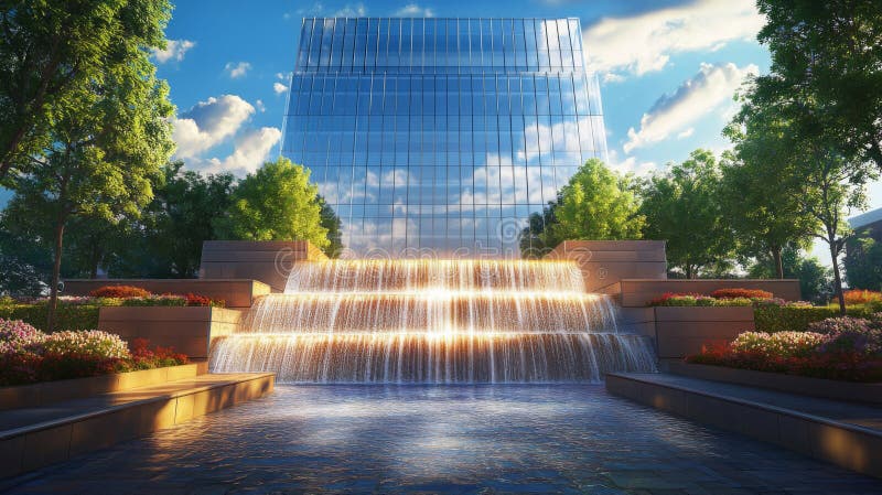 Modern Glass Structure Waterfall Fountain in Urban Park Stock ...