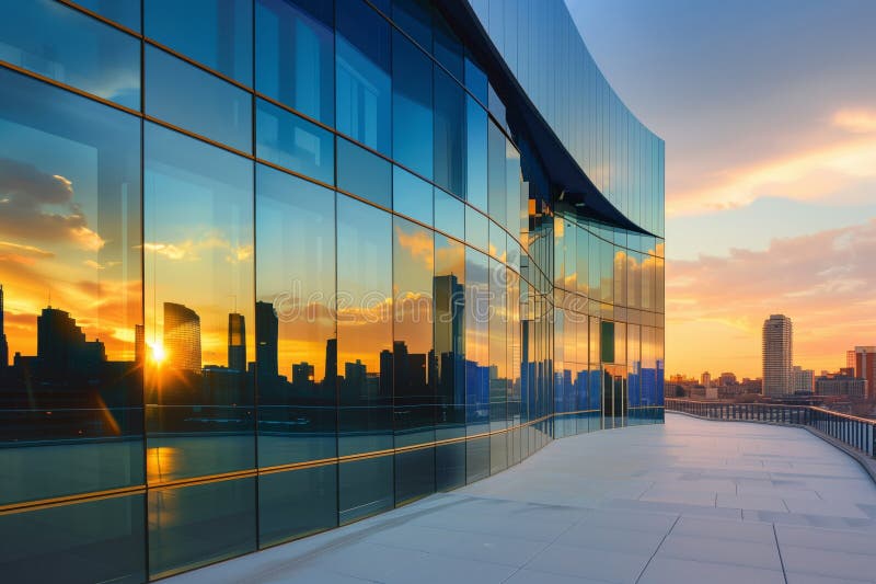 Modern Glass Theatre Exterior Reflecting Sunset Skyline Stock Image ...