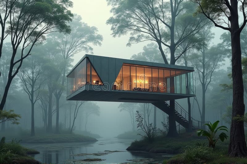 Modern Glass Treehouse in Foggy Forest Landscape with Soft Interior ...
