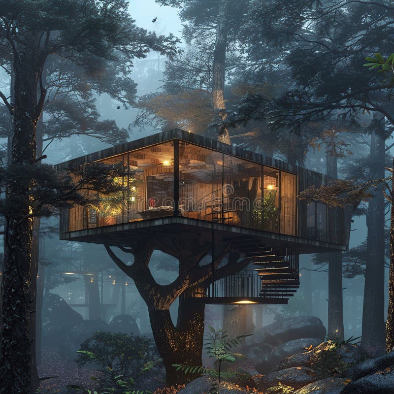Modern Glass Treehouse in Misty Forest Stock Illustration ...