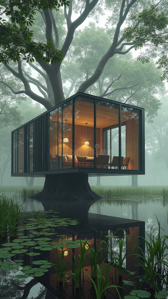 Modern Glass Treehouse in Serene Forest Setting with Fog and Water ...