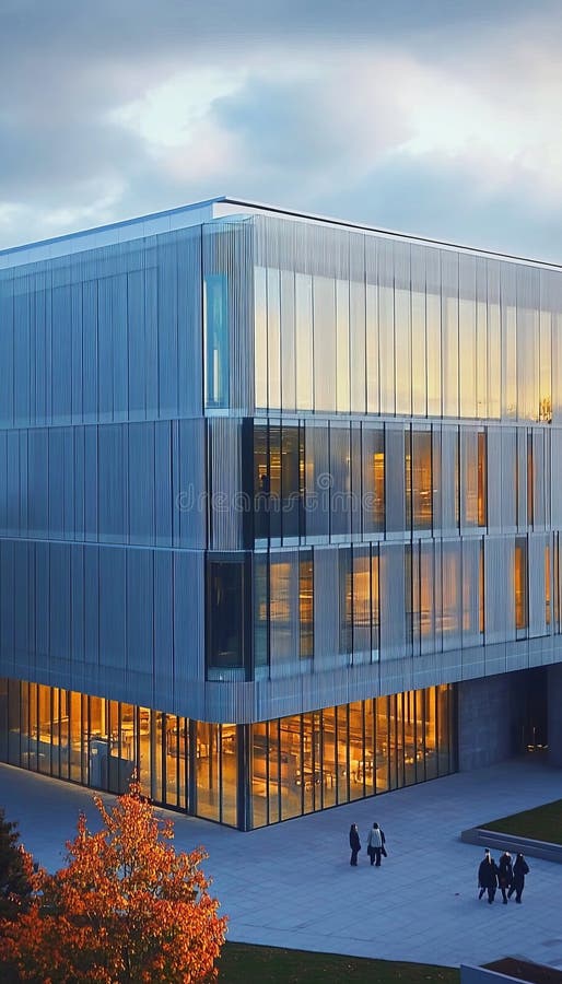 Modern Glass University Building Illuminated at Twilight with Students ...